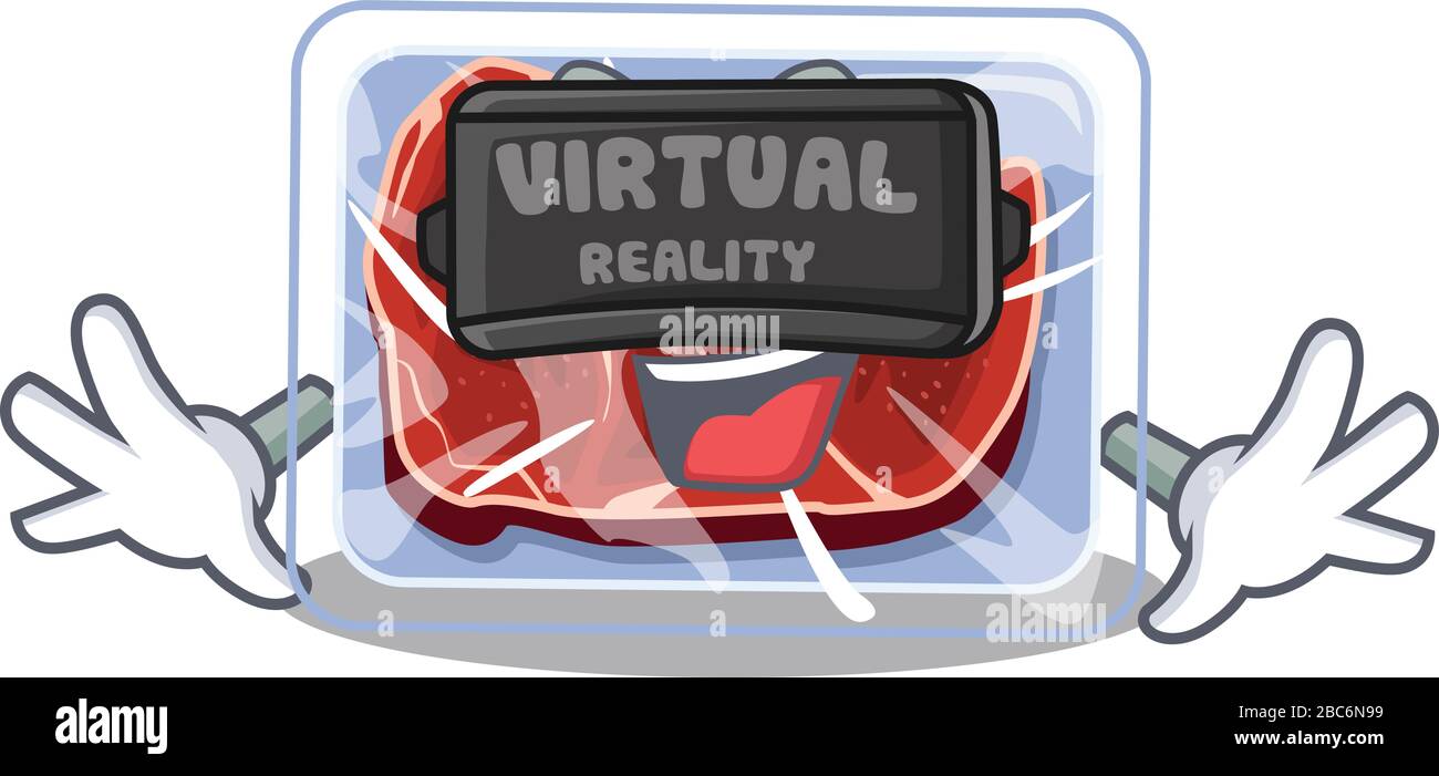 Cartoon design style of frozen beef with modern Virtual Reality headset ...
