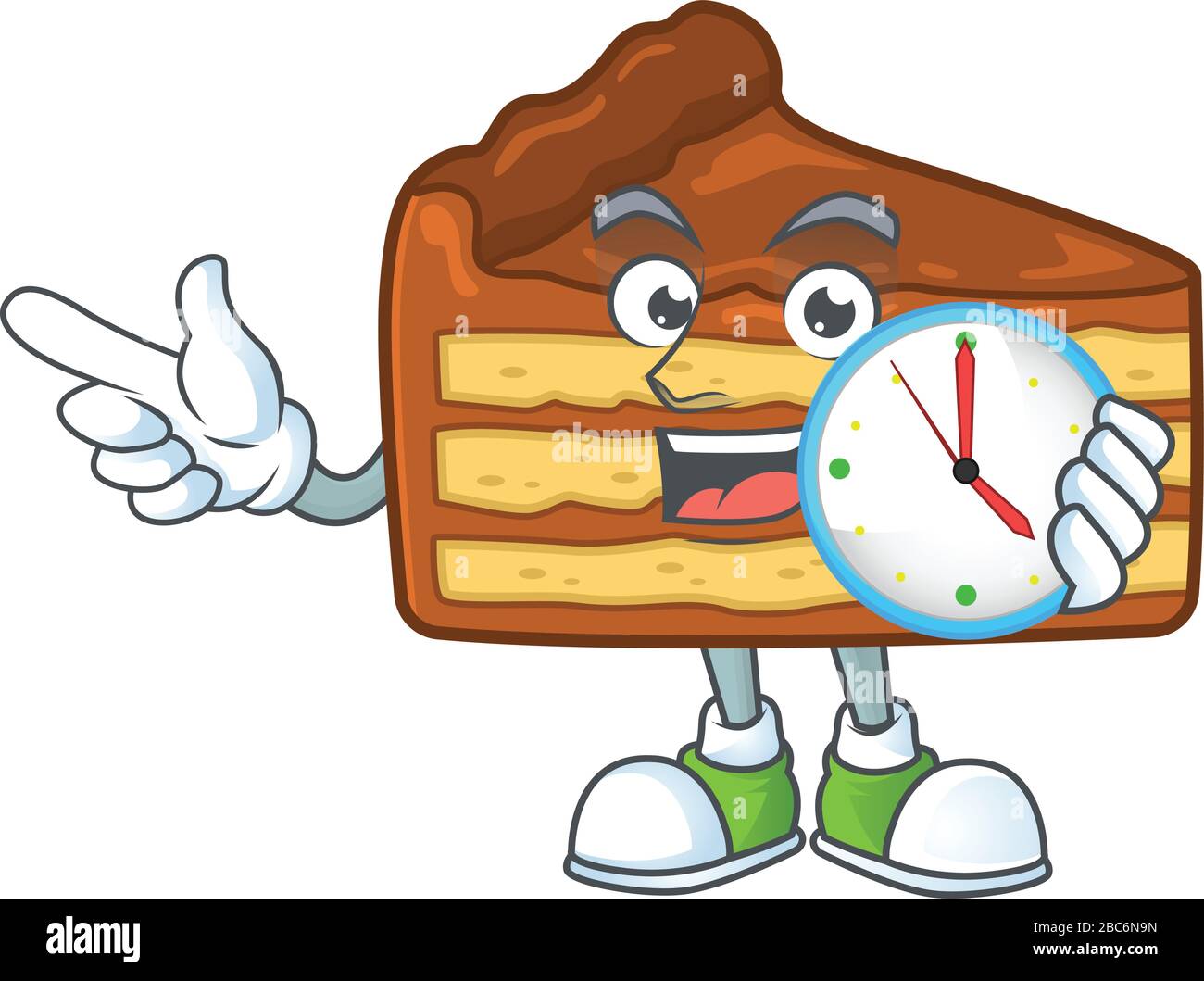 Chocolate slice cake mascot design concept holding a circle clock Stock ...