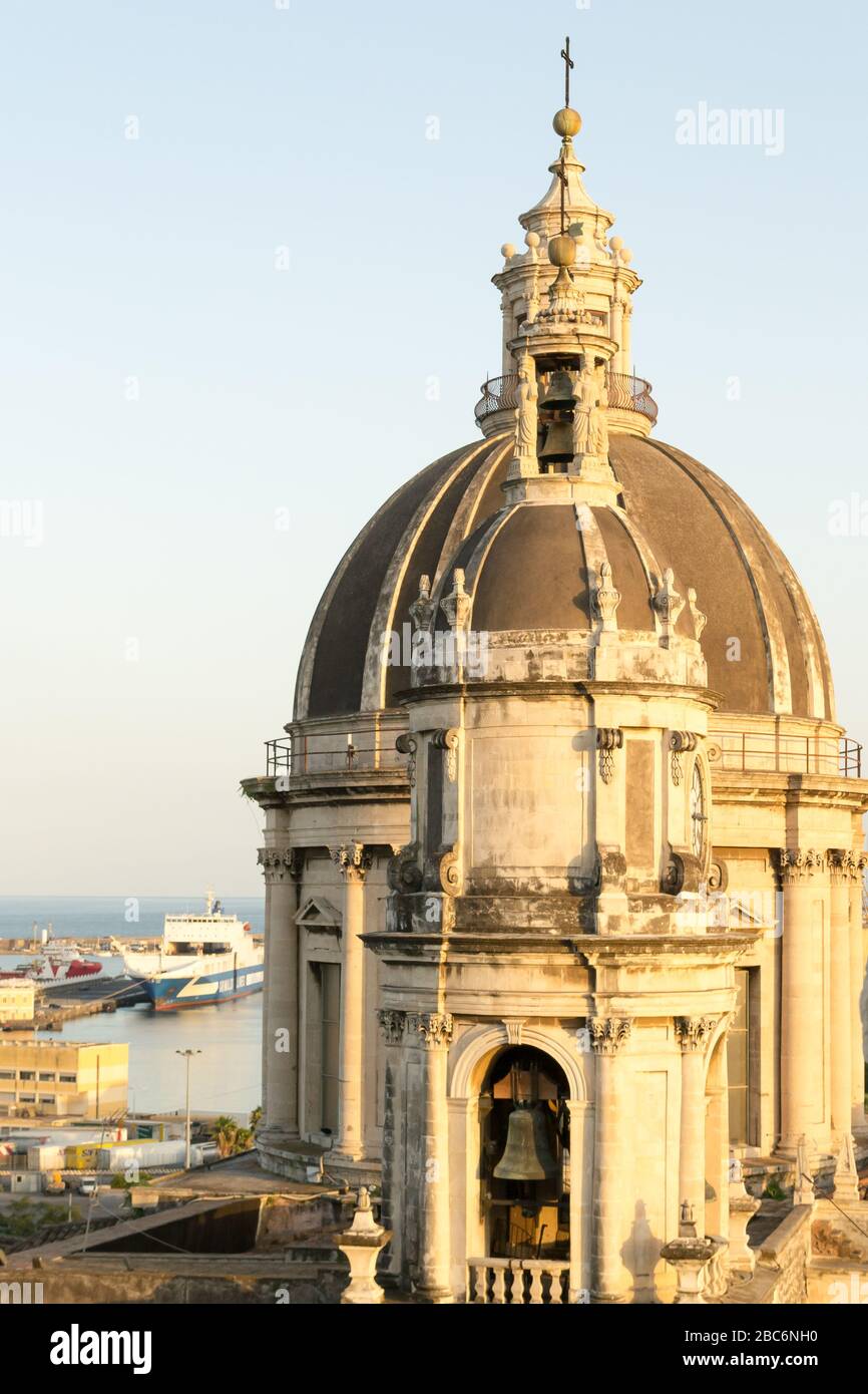 Catania, Sicily in Italy. View of the cathedral dome at sunset. This ...