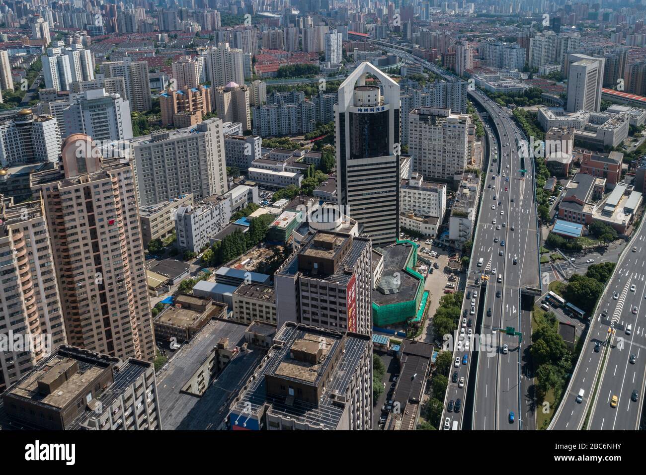 Shanghai, China - Jun 23, 2018: Aerial view of Shanghai cityscape on a ...