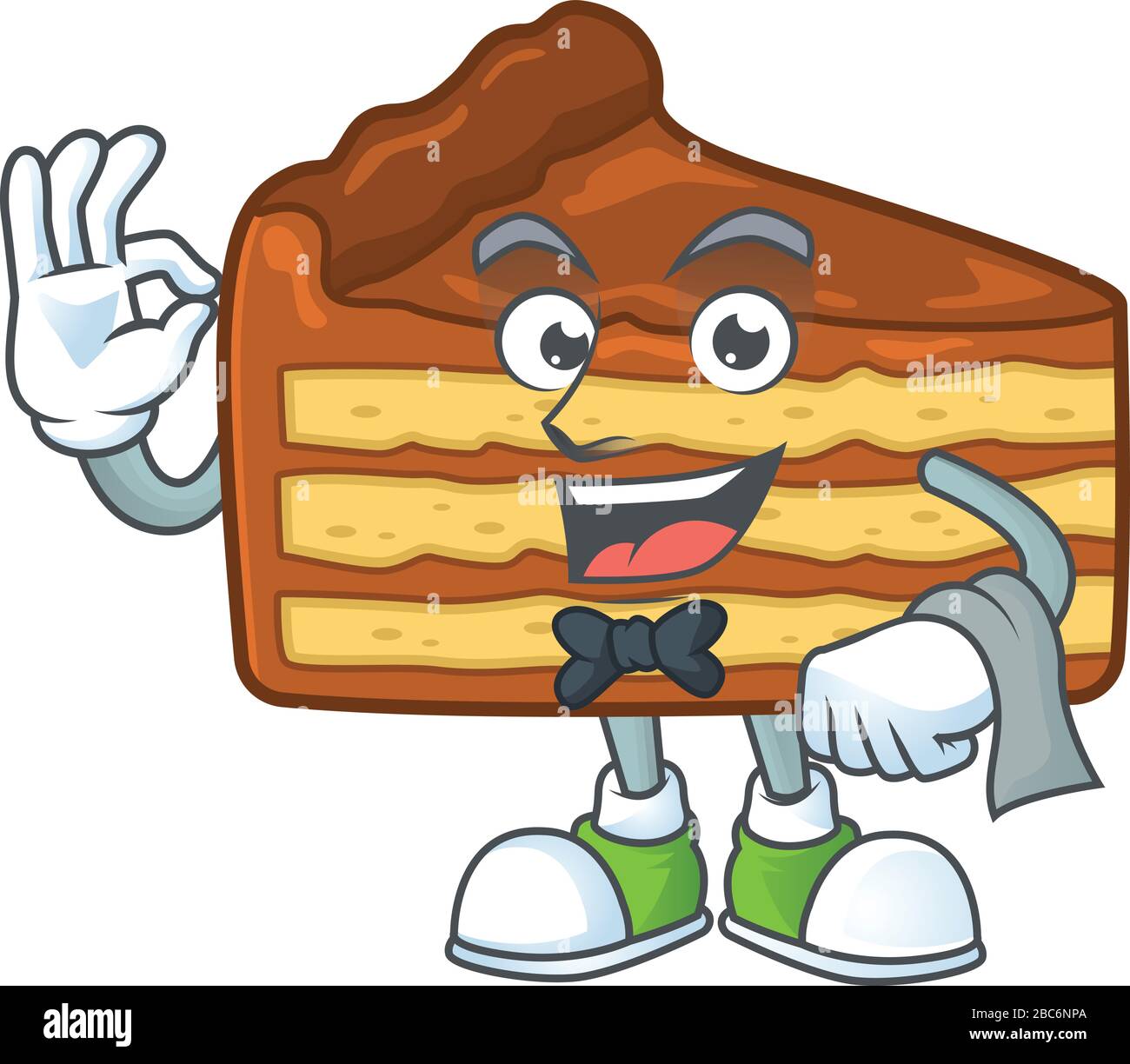 A chocolate slice cake waiter cartoon character ready to serve Stock ...
