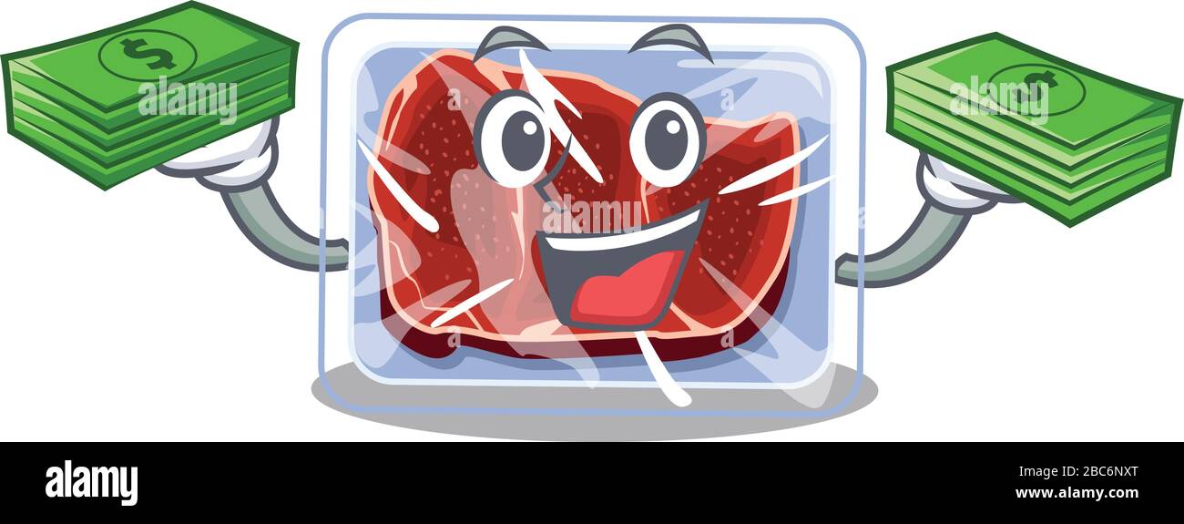 A wealthy frozen beef cartoon character having money on hands Stock ...