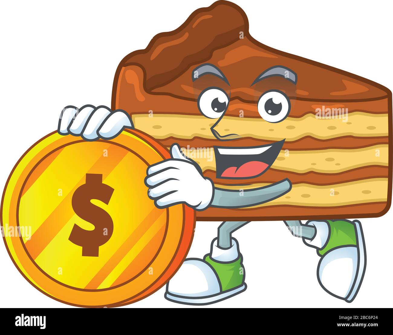 Chocolate slice cake rich cartoon character have big gold coin Stock ...
