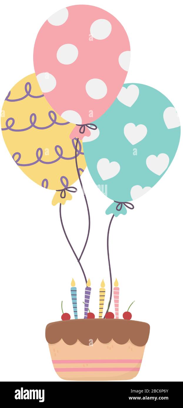 happy day, cake with candles and balloons hearts decoration vector ...