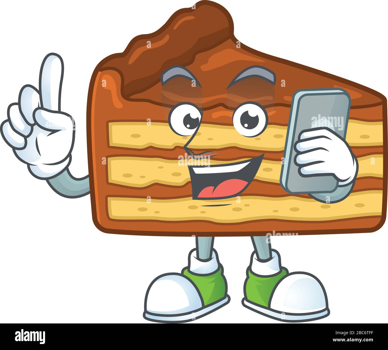 Cartoon design concept of chocolate slice cake talking on phone Stock ...