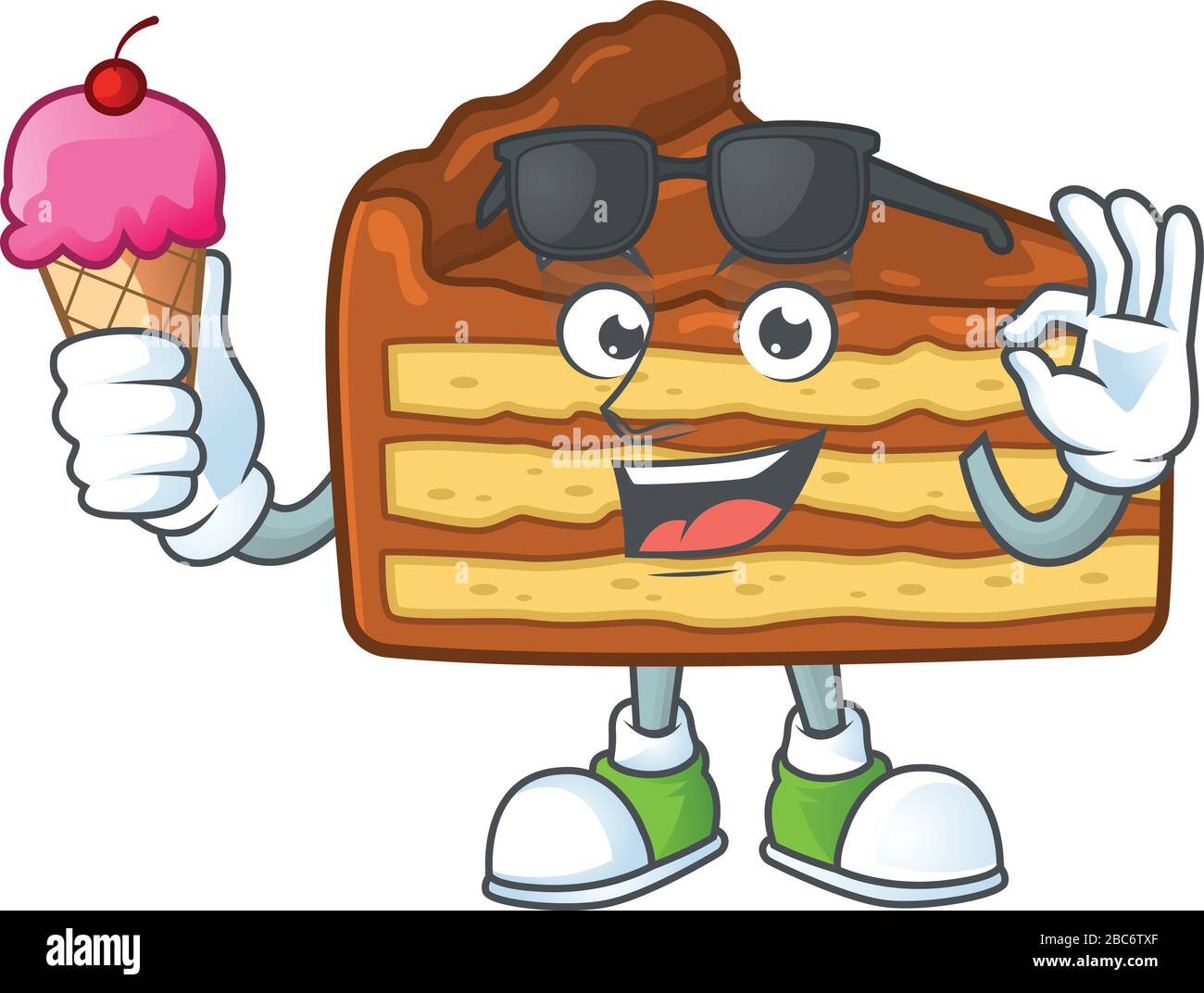 Cute chocolate slice cake cartoon character enjoying an ice cream Stock ...