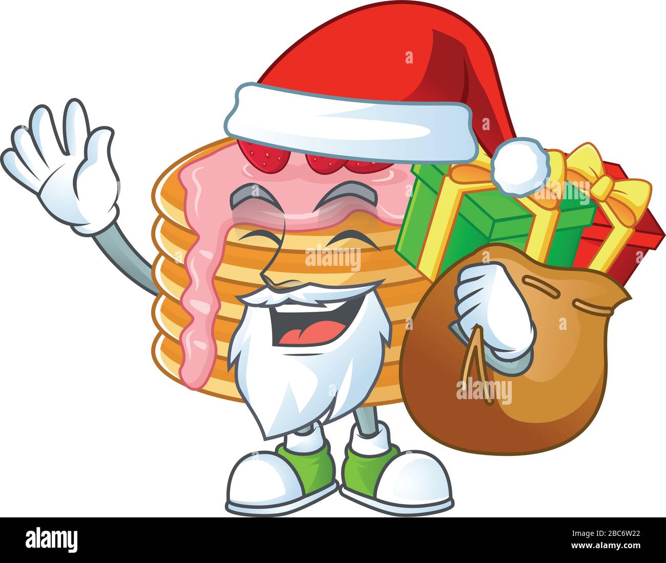 Santa strawberry cream pancake Cartoon character design with sacks of ...