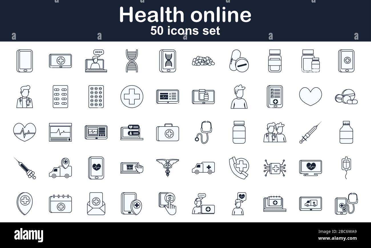 50 line style icon set design of Health online medical care emergency ...