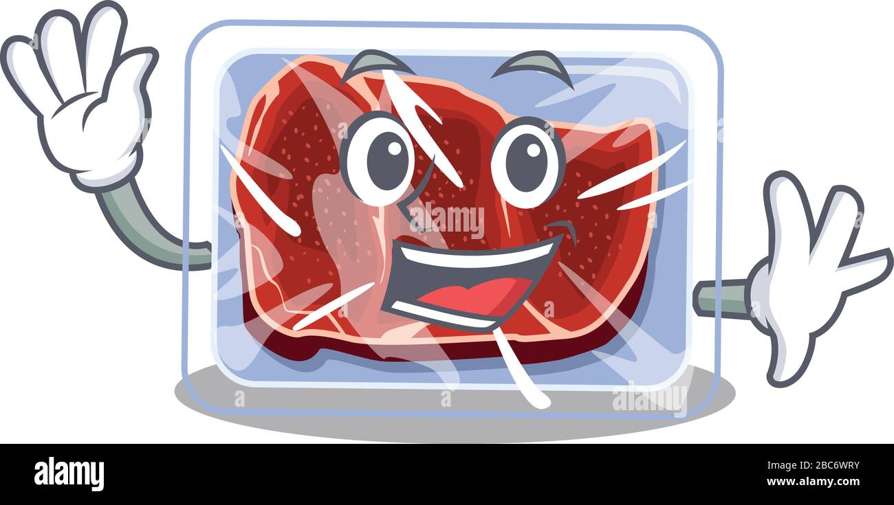 A charismatic frozen beef mascot design style smiling and waving hand ...