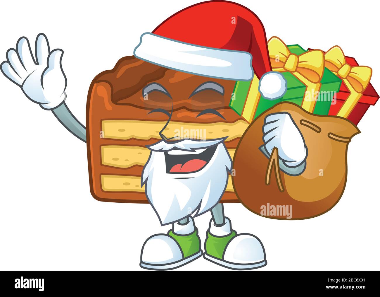 Santa chocolate slice cake Cartoon character design with sacks of gifts ...