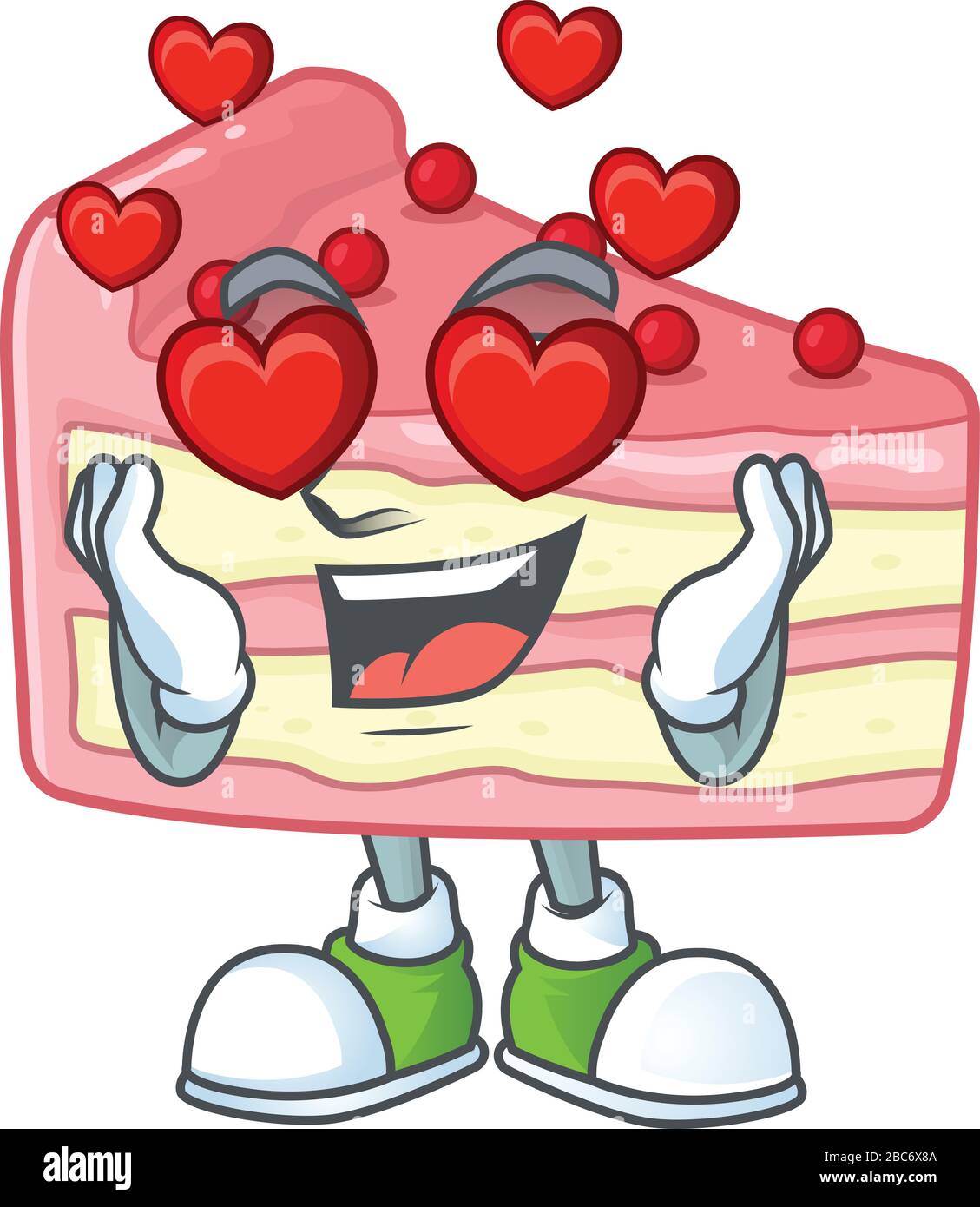 Charming strawberry slice cake cartoon character with a falling in love ...