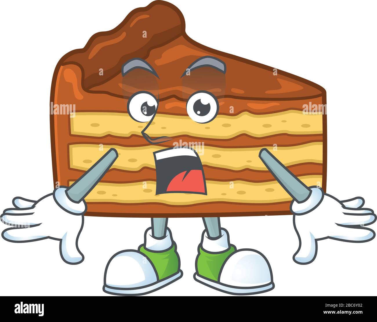 A cartoon design of chocolate slice cake showing an amazed gesture ...