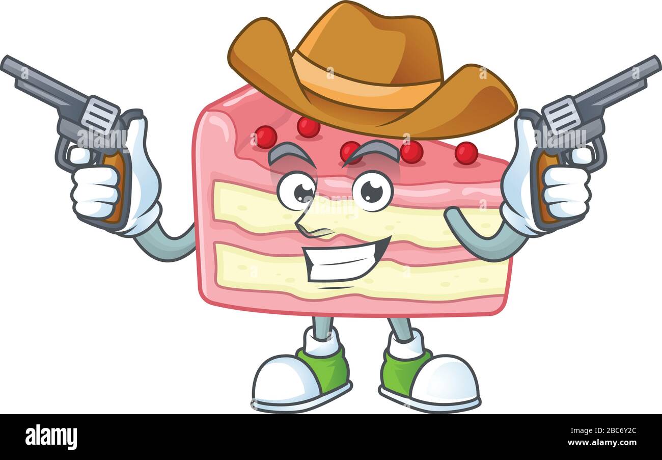 A cowboy cartoon character of strawberry slice cake holding guns Stock ...