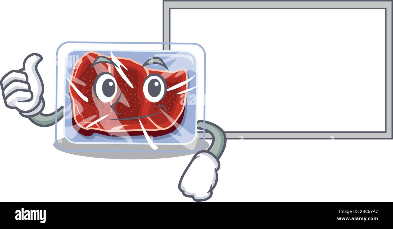 Humorous frozen beef cartoon design Thumbs up bring a white board Stock ...