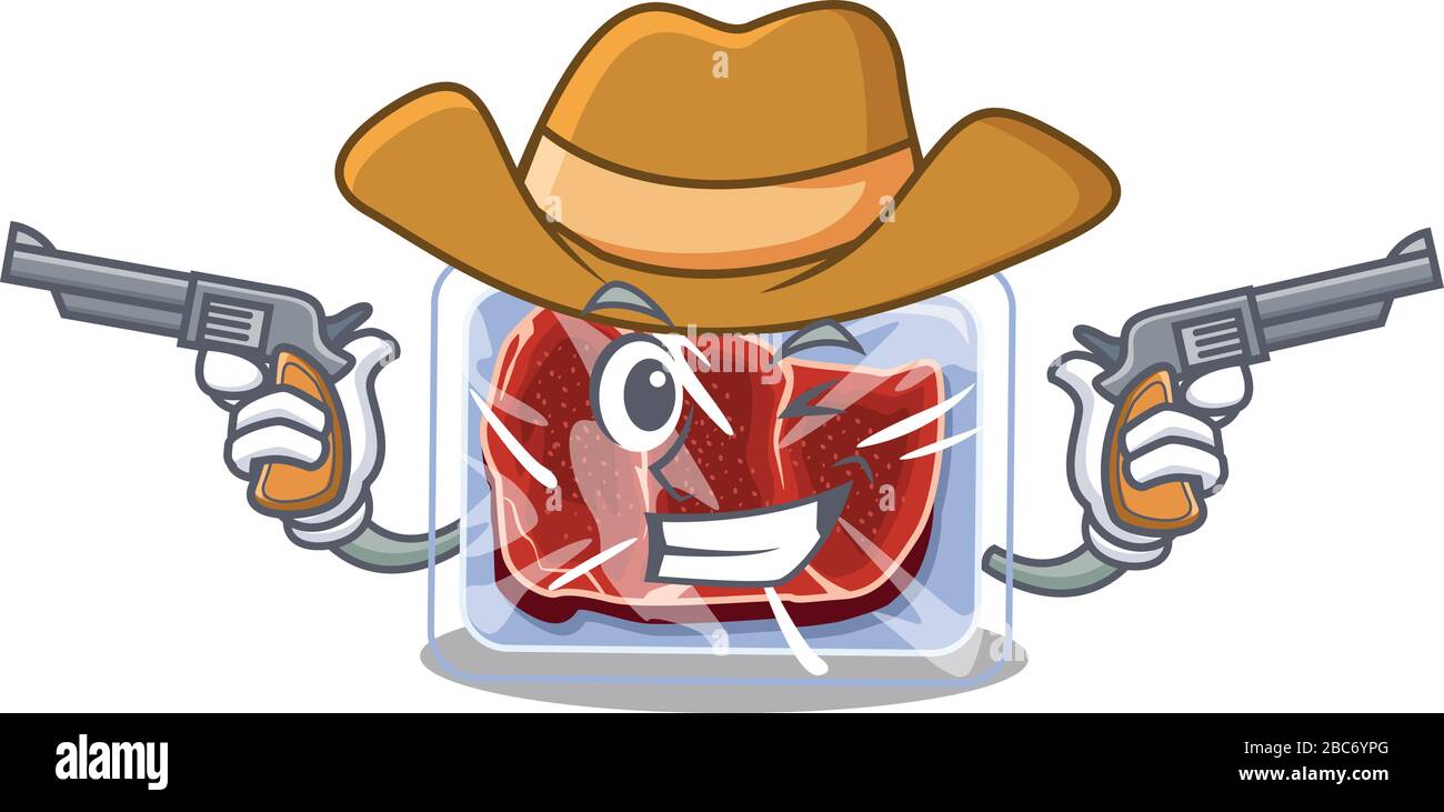 Cute handsome cowboy of frozen beef cartoon character with guns Stock ...