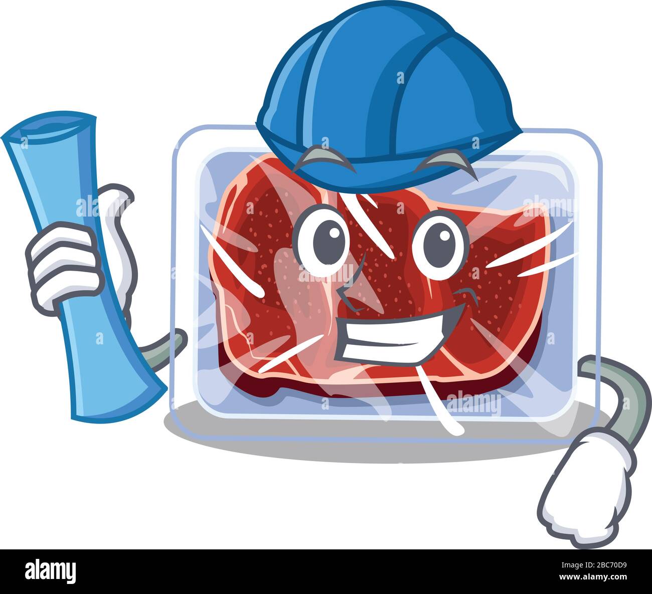 Cartoon character of frozen beef brainy Architect with blue prints and ...