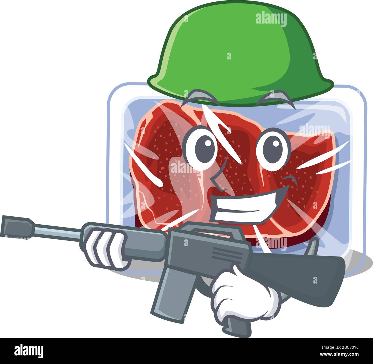 A cartoon picture of frozen beef in Army style with machine gun Stock ...