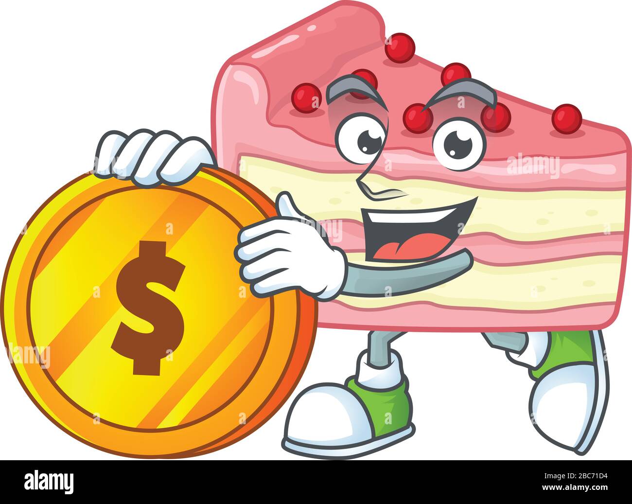 Strawberry slice cake rich cartoon character have big gold coin Stock ...