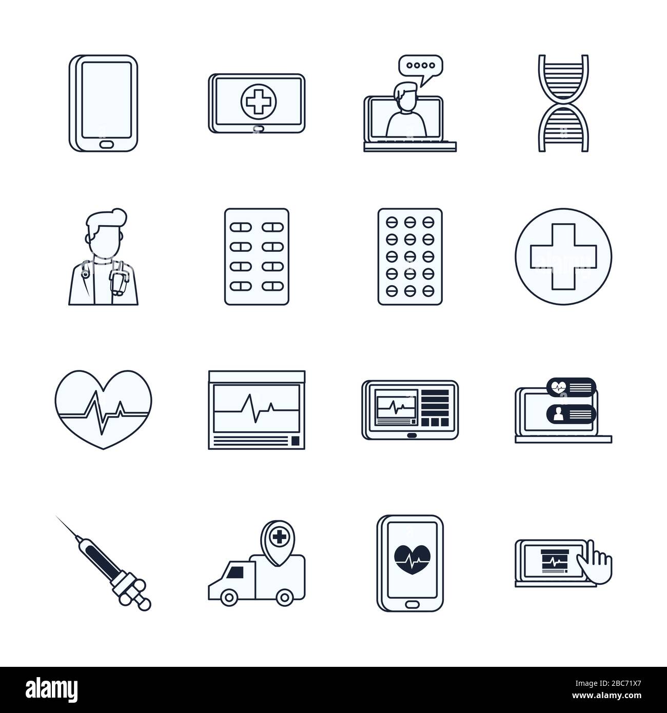 line style icon set design of Health online medical care emergency aid ...