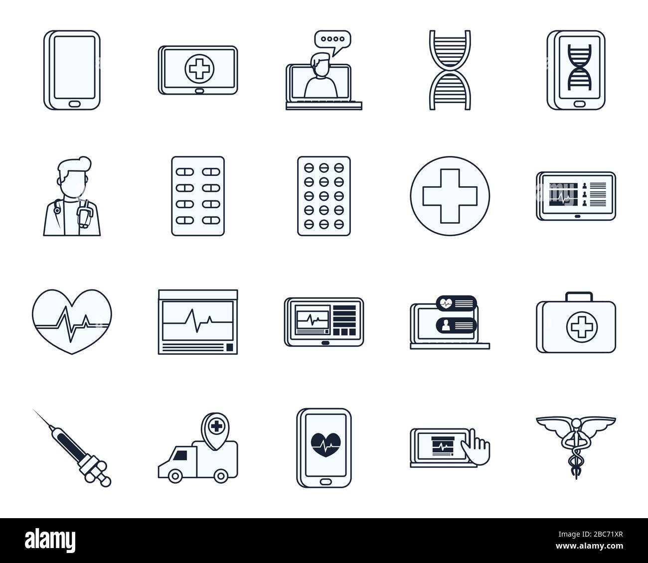 line style icon set design of Health online medical care emergency aid ...