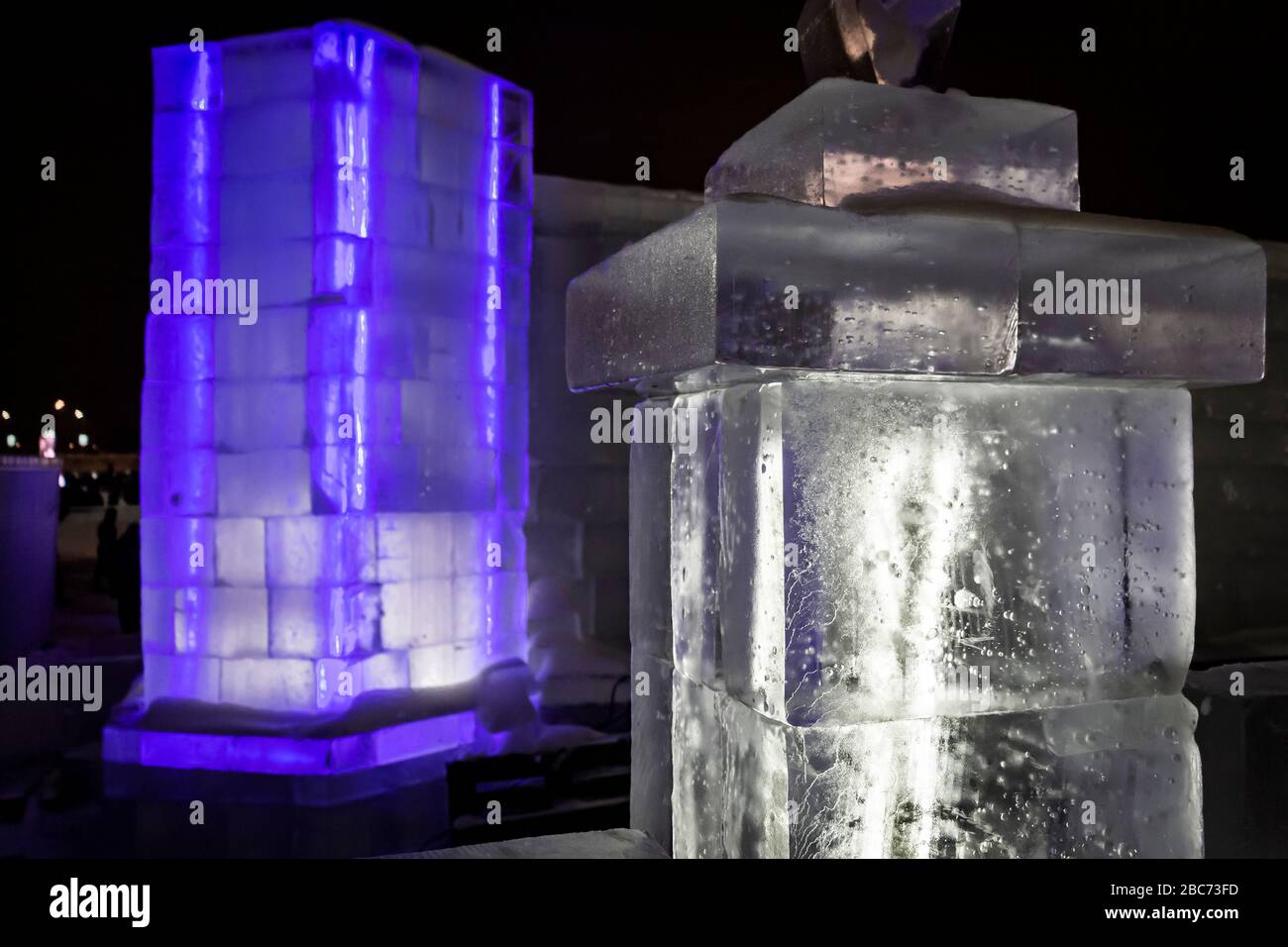 Artificial ice buildings in a city park during the celebration Stock ...