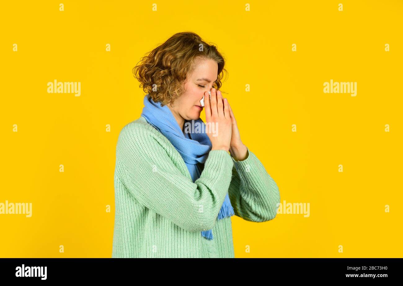 Inflammation nasal sinus. Chronic sinusitis. Cold flu symptoms. Woman ...