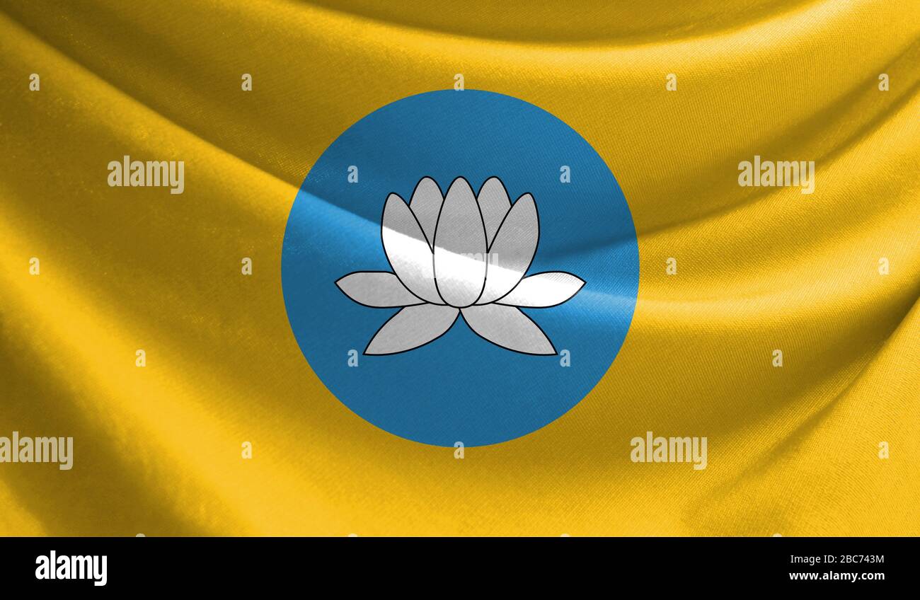 Realistic flag of Kalmykia on the wavy surface of fabric Stock Photo ...