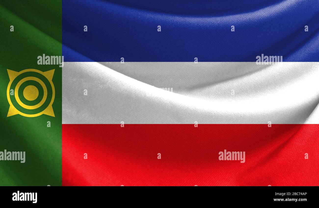 Realistic flag of Khakassia on the wavy surface of fabric Stock Photo ...