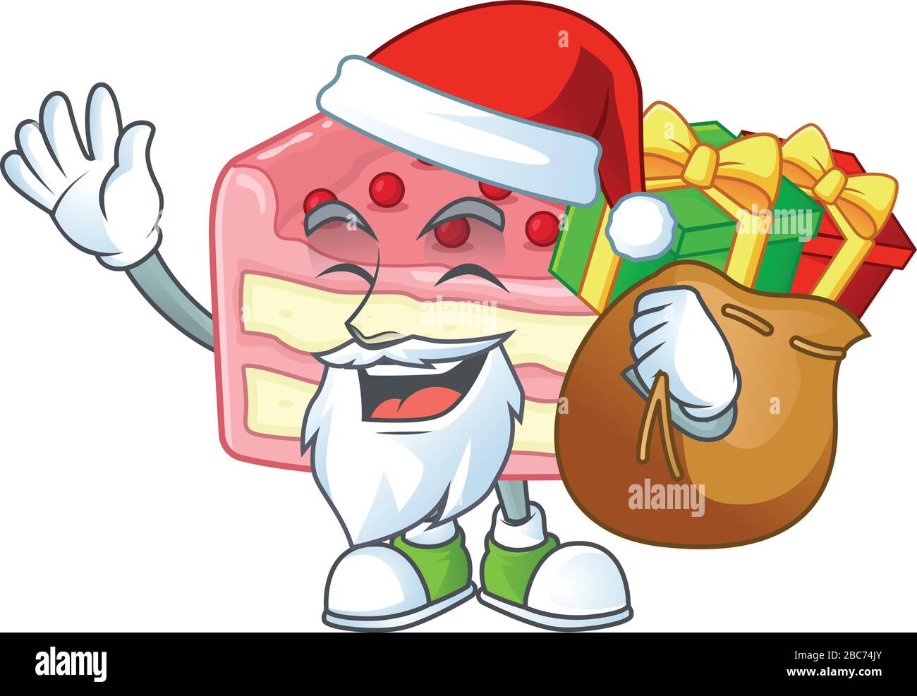 Santa strawberry slice cake Cartoon character design with sacks of ...