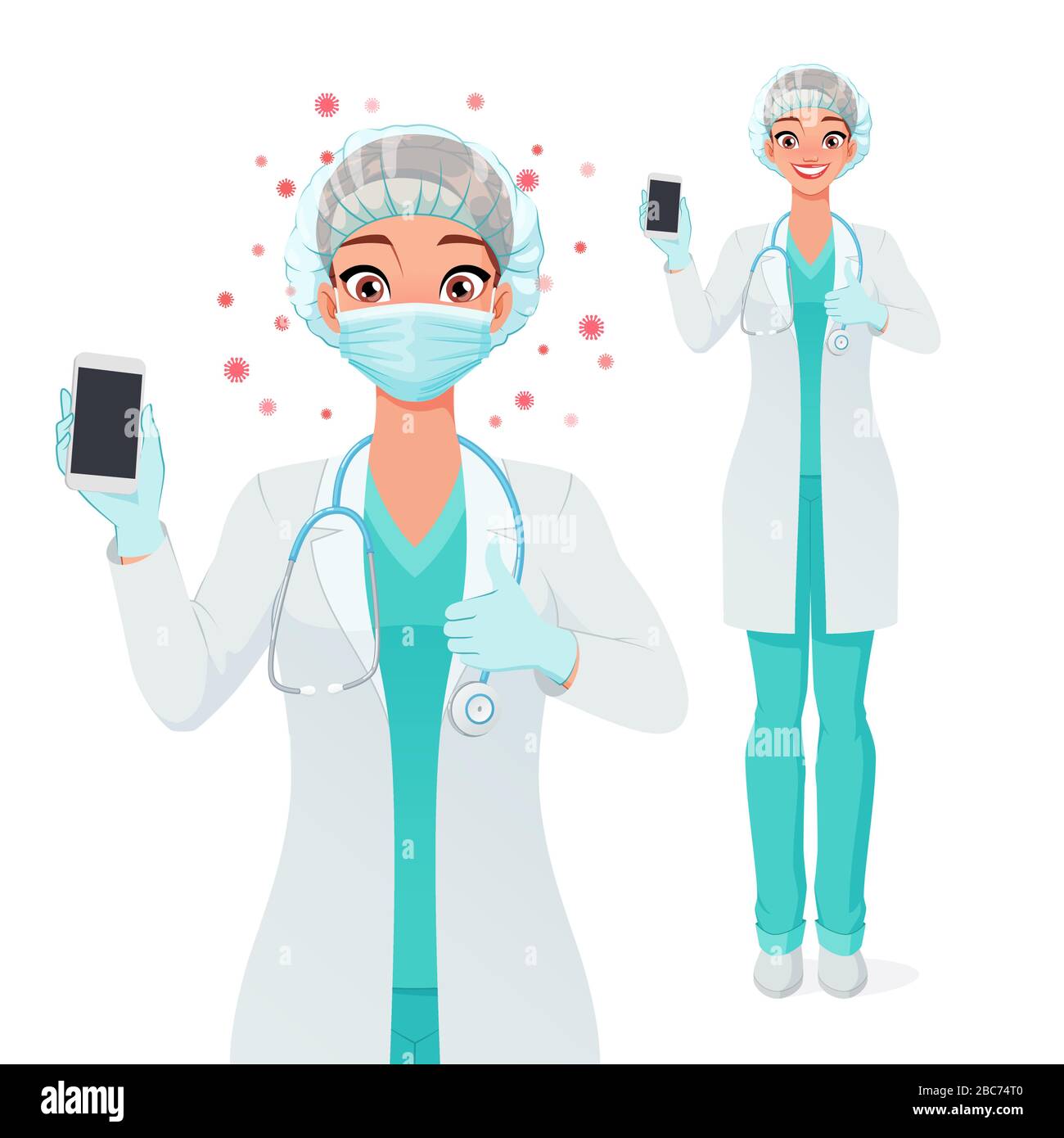 Medical doctor in mask showing blank smartphone screen with thumb up ...