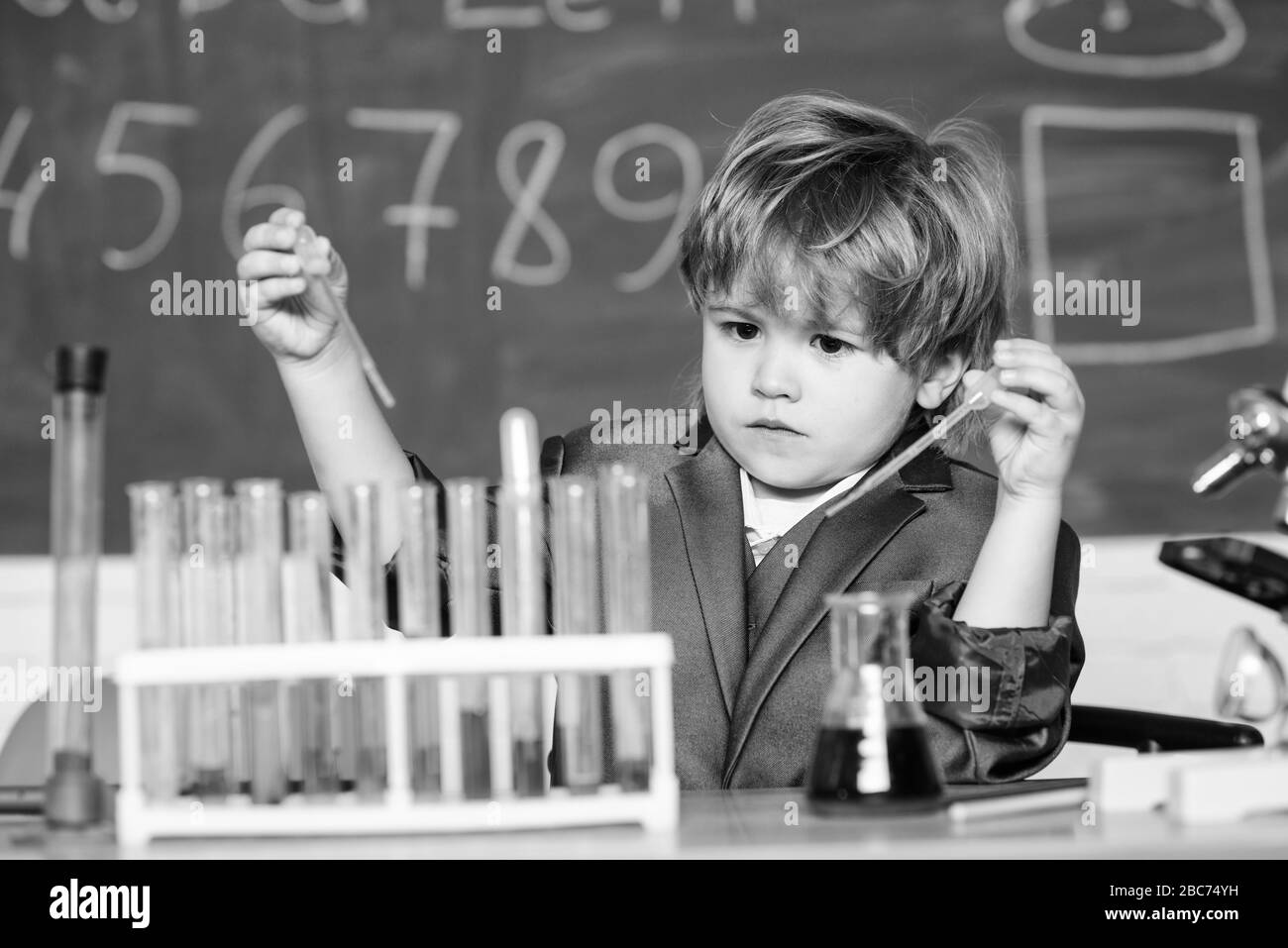 Chemical analysis. Talented scientist. Kid study chemistry ...