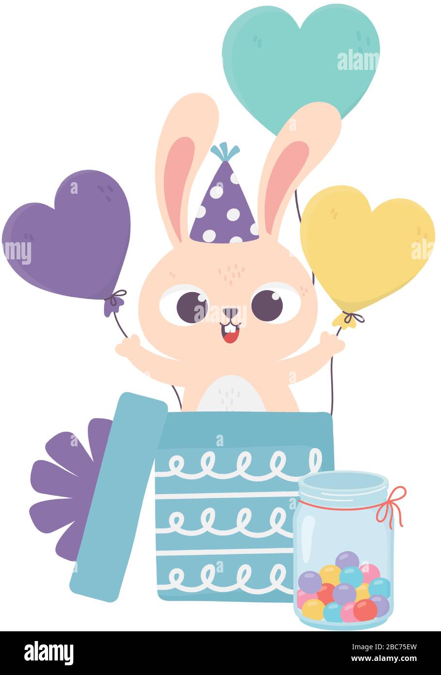 happy day, rabbit with hat coming out gift box with balloons vector ...