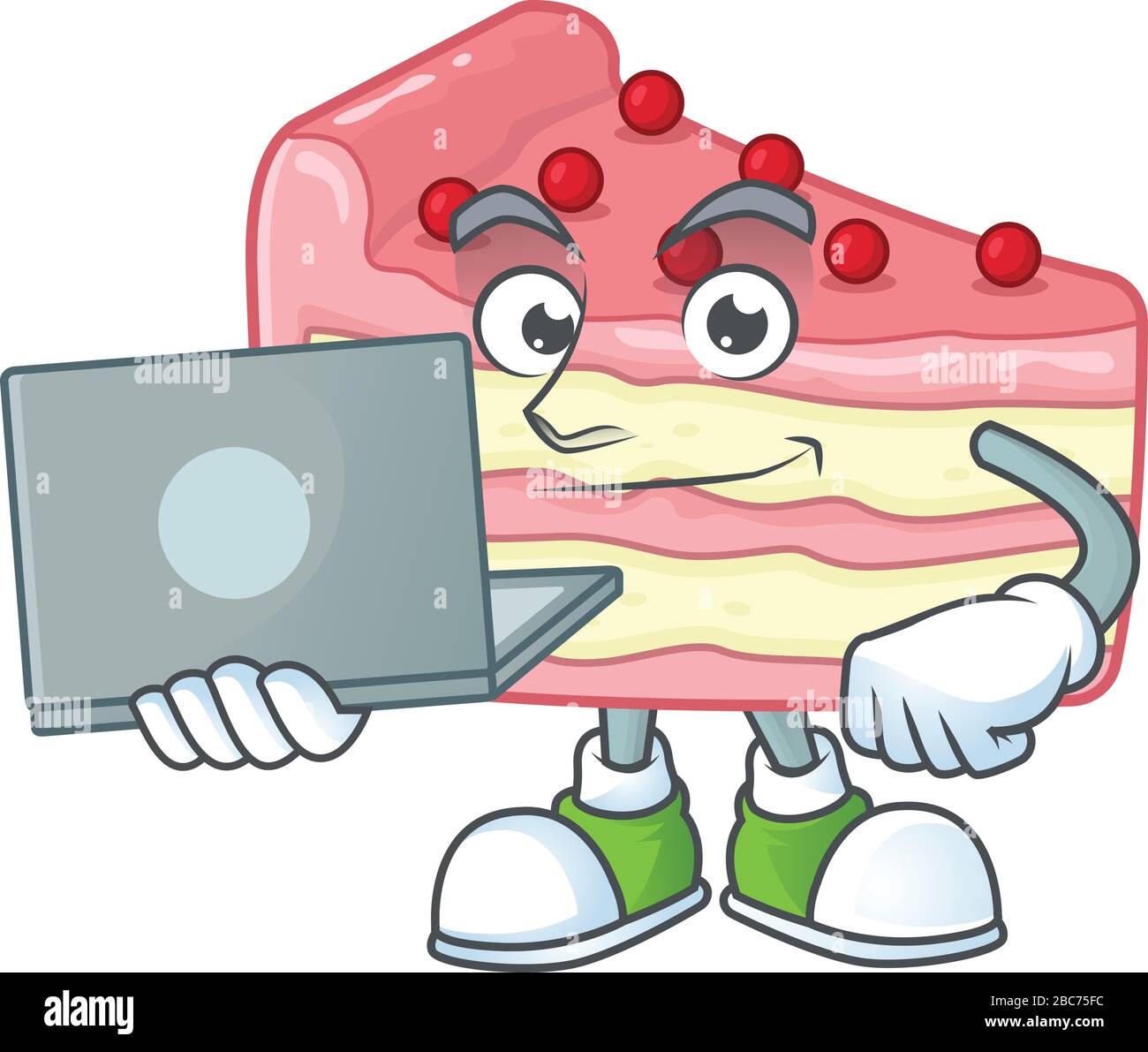 Diligent strawberry slice cake mascot design style working from home ...