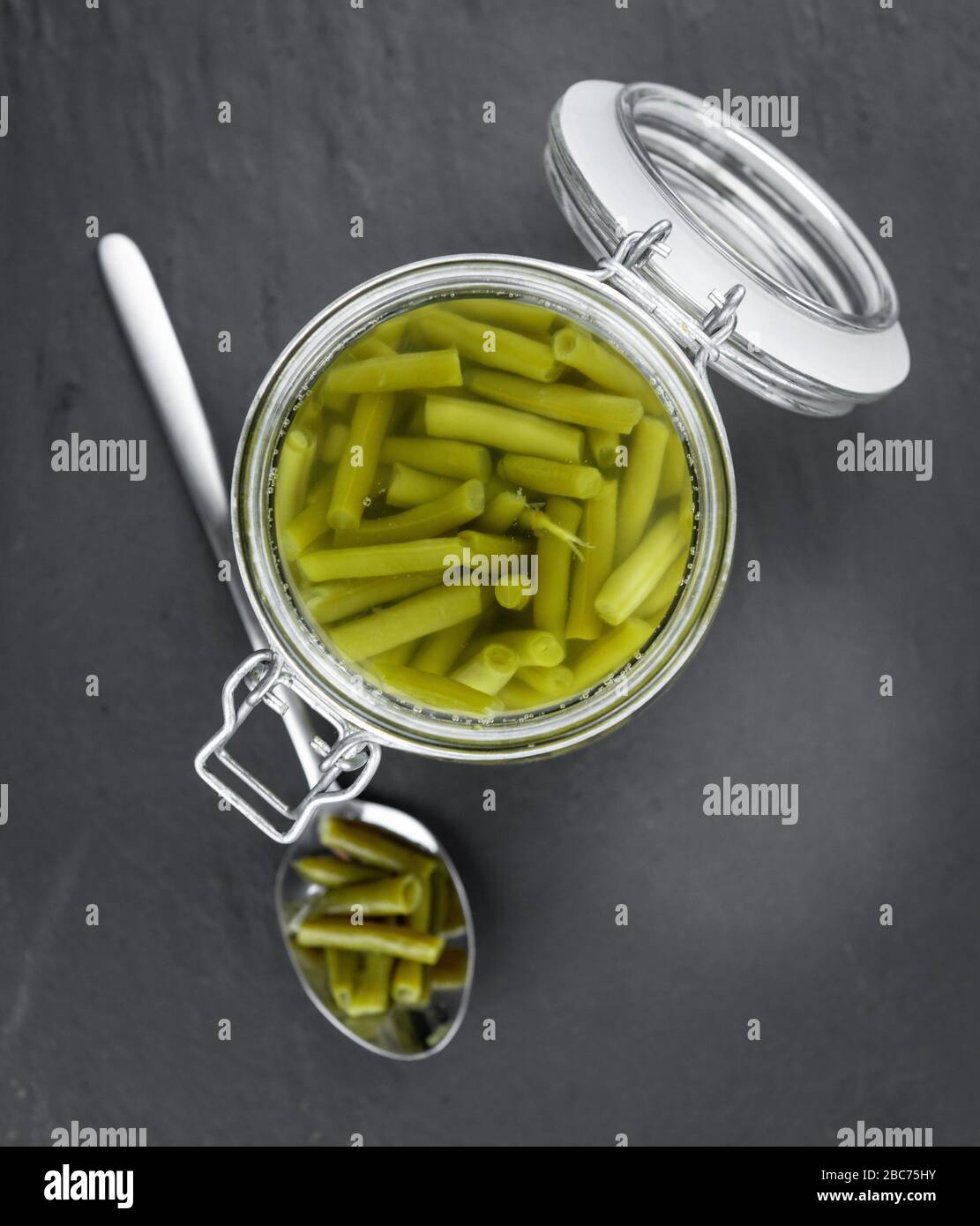 Preserved Green Beans as detailed close-up shot (selective focus) on ...