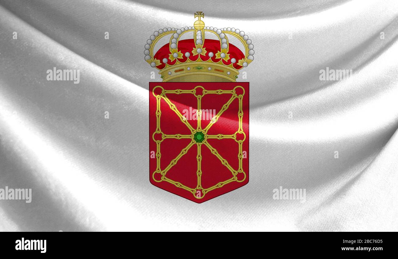Realistic flag of Navarra coat of arms on the wavy surface of fabric ...