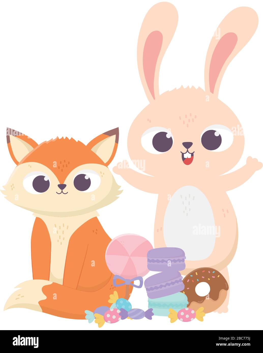 happy day, little fox and rabbit with donut caramel biscuits cartoon ...
