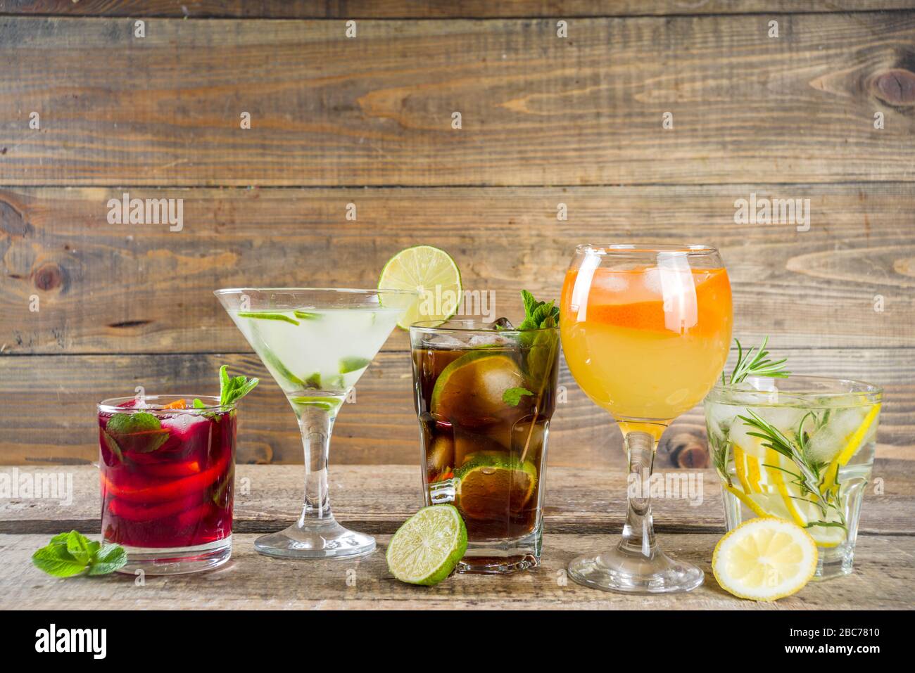 Selection of summer alcohol drinks - mocktails and cocktails. Aperol ...