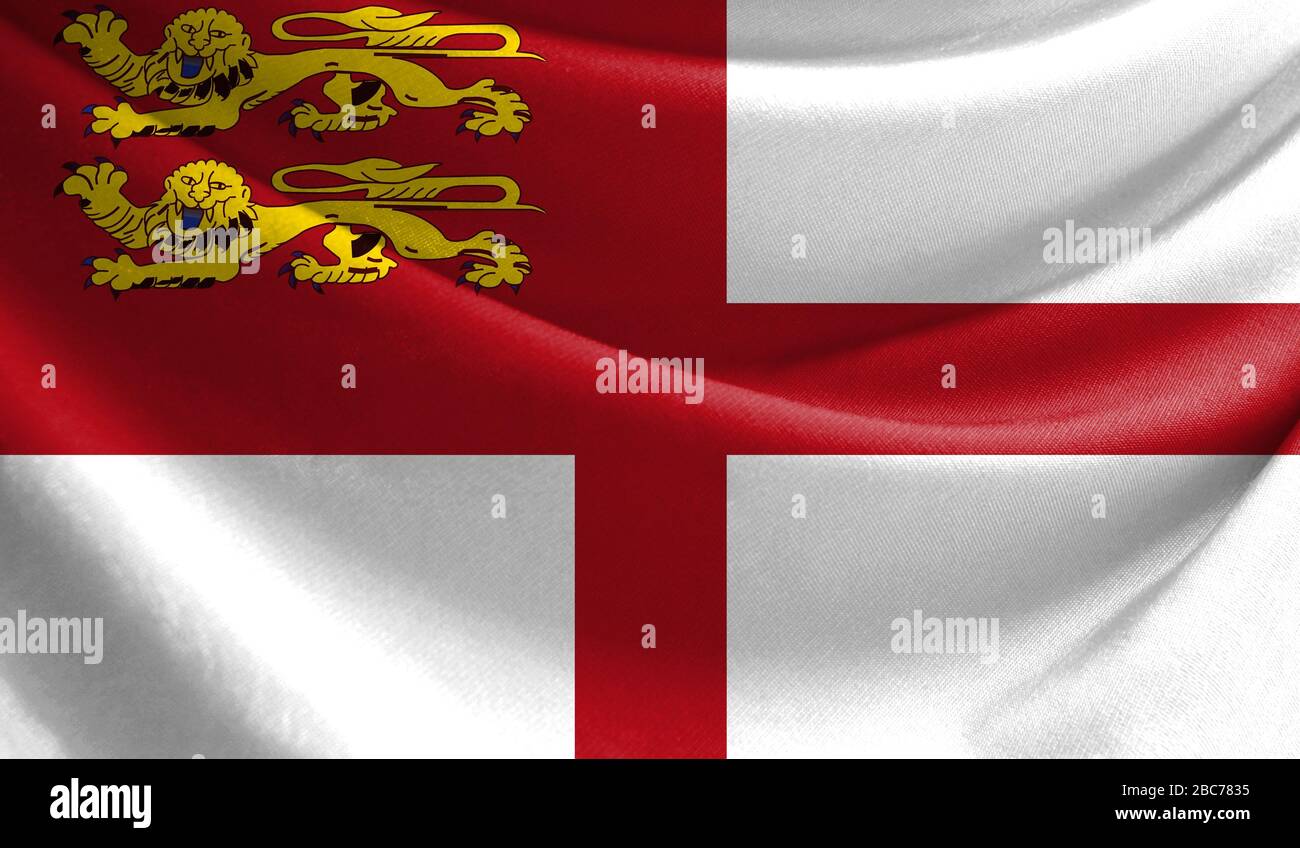 Realistic flag of Sark on the wavy surface of fabric Stock Photo - Alamy