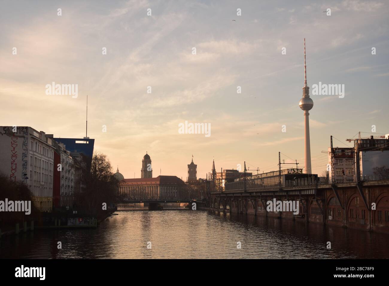 Berlin Skyline from Friedrichschain Spree River with TV tower in Berlin ...
