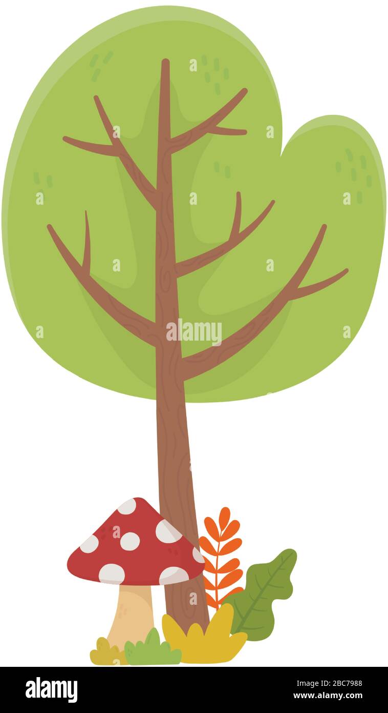 tree mushroom leaves foliage nature botanical isolated icon vector ...