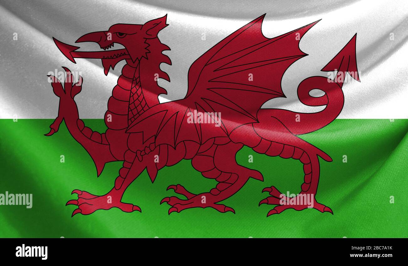 Realistic flag of Wales on the wavy surface of fabric Stock Photo - Alamy