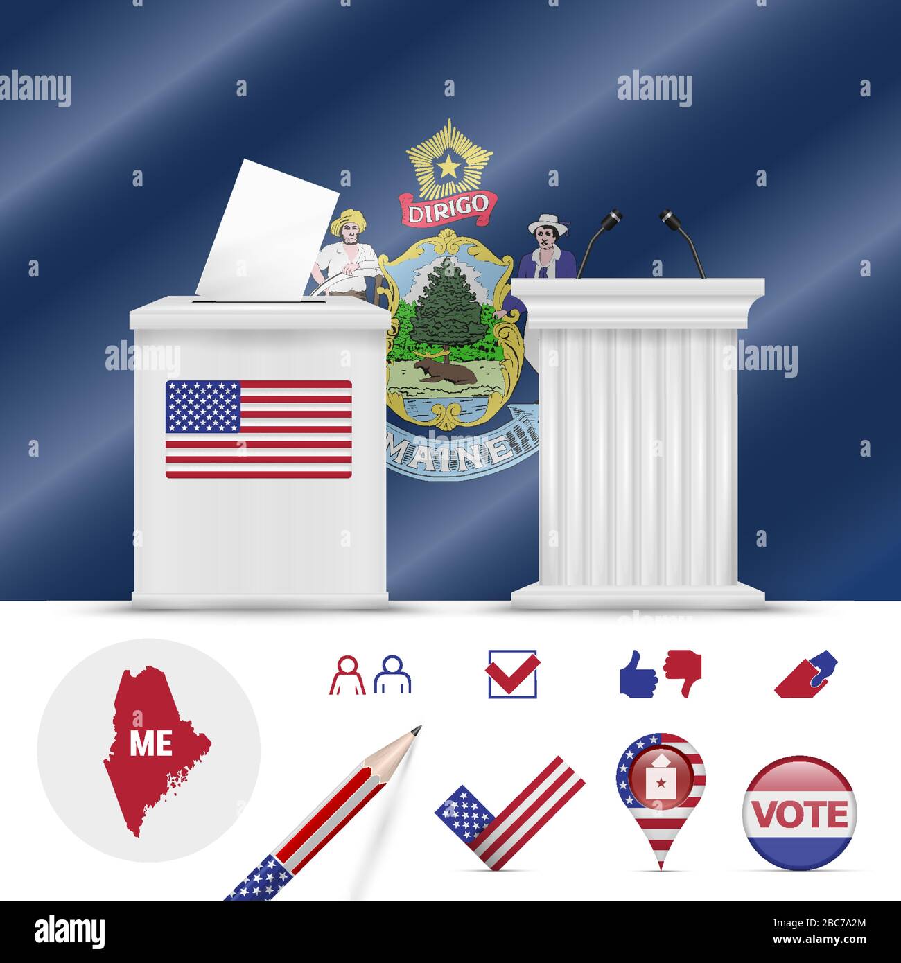 Presidential elections in Maine. Vector waving flag, realistic ballot ...