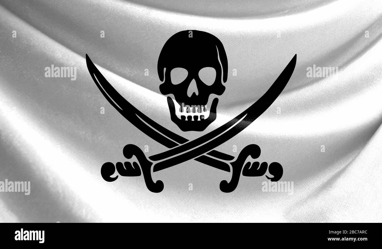 Realistic flag of Pirates white on the wavy surface of fabric Stock ...