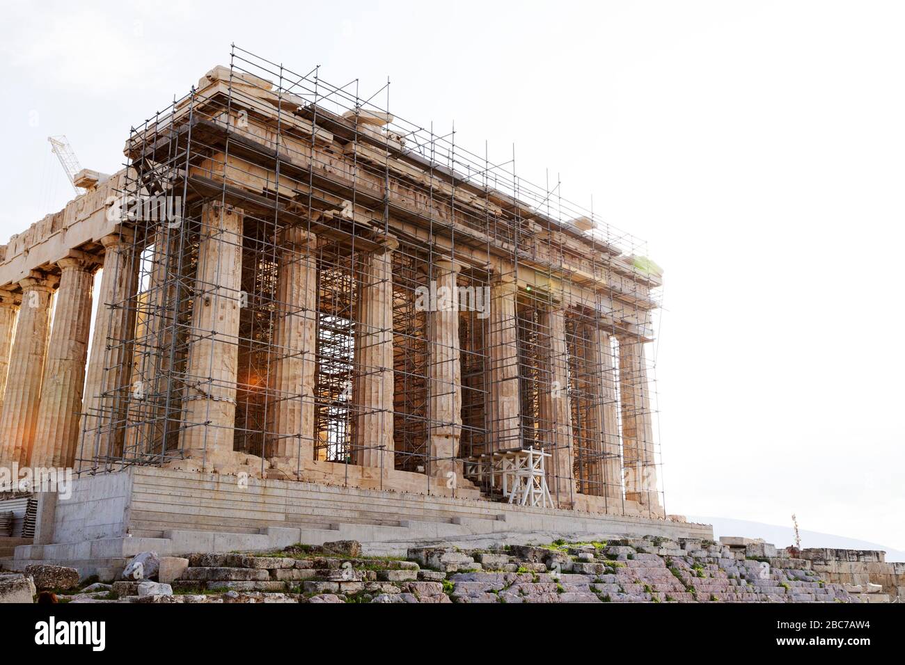 Scaffolding on the Parthenon in Athens, Greece. The temple was constructed on the Athenian ...