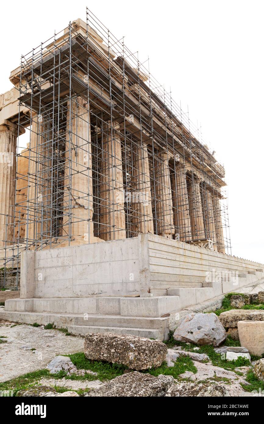 Scaffolding on the Parthenon in Athens, Greece. The temple was ...