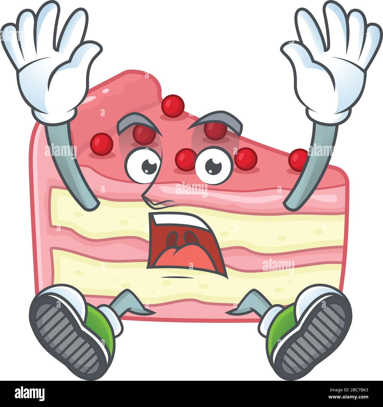 Strawberry slice cake cartoon character design showing shocking gesture ...