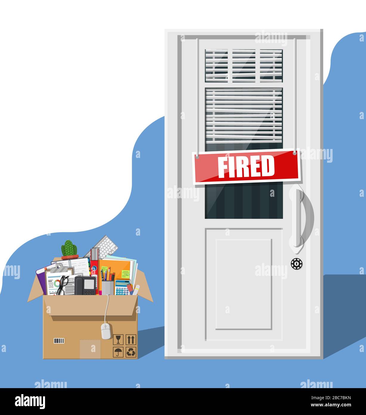 Door with fired word plate and cardboard box with office items. Hiring ...