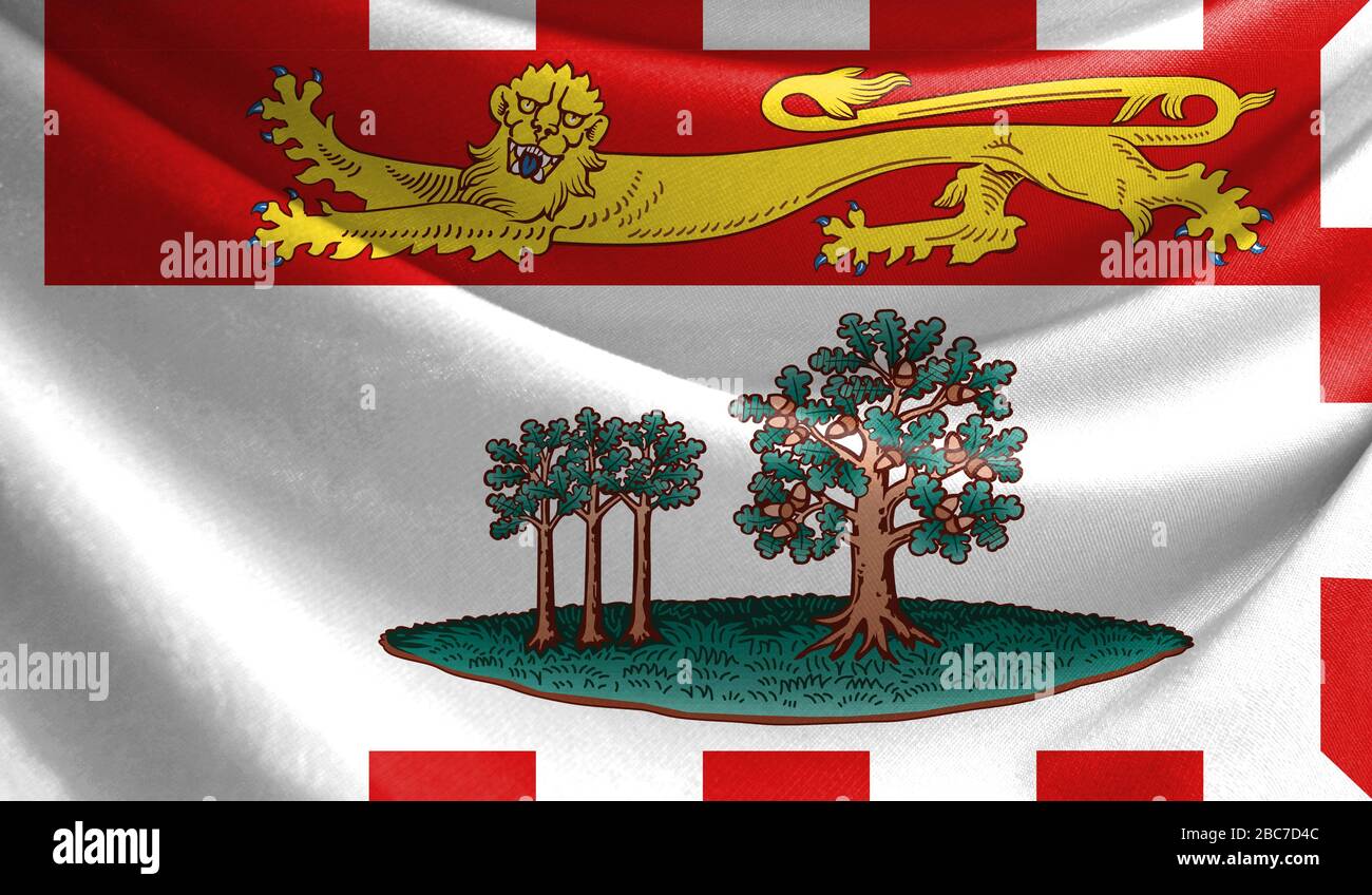 Realistic flag of Prince Edward Island on the wavy surface of fabric ...