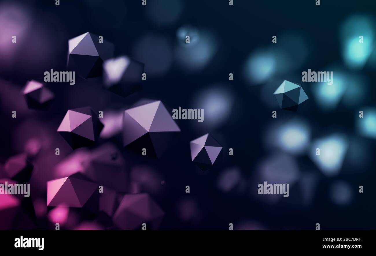 Abstract 3d rendering of chaotic low poly particles. Flying polygonal spheres in empty space ...