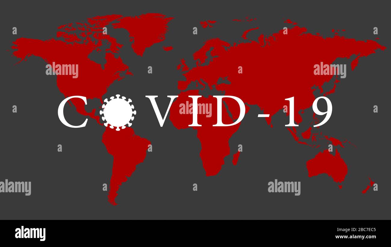 Map Covid-19. World map , red continents on dark grey background, with ...